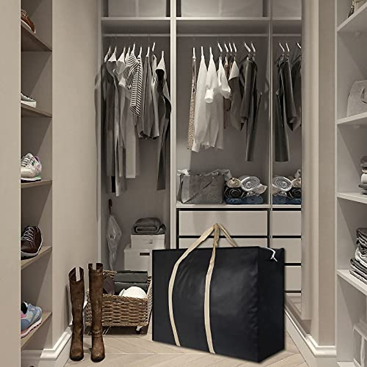 100L Large Storage Bag(3 Pack,Black),Large Moving Bags with Zippers & Carrying Handles, Storage Bags Storage Totes for Clothes, House Moving,77×55×24cm