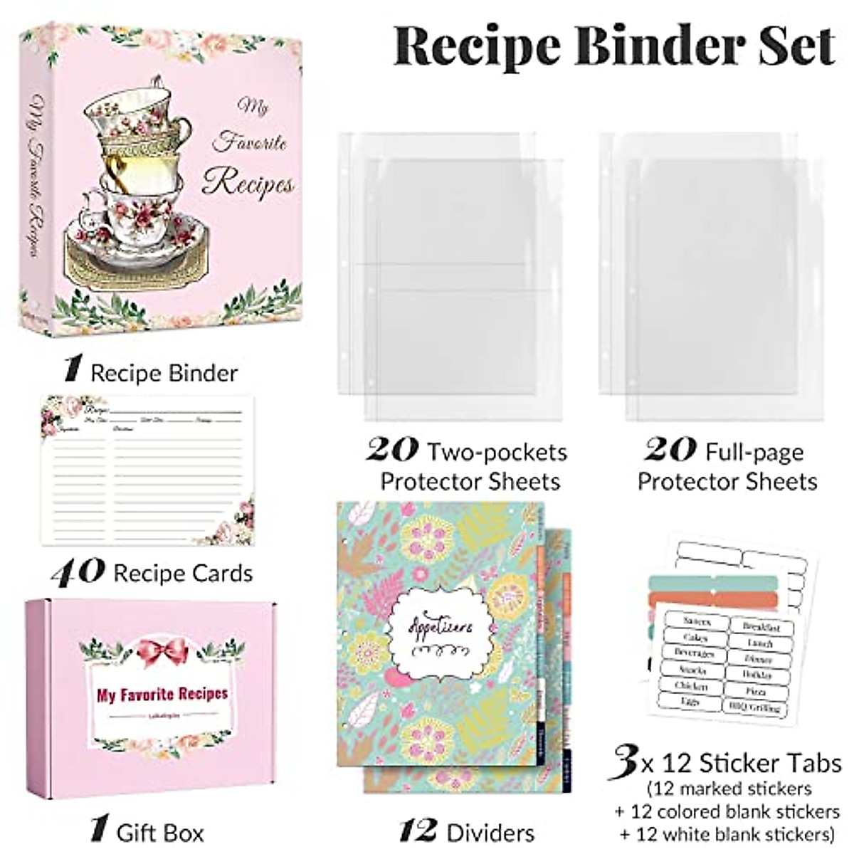 Recipe Binder, Blank Recipe Book to Write in Your Own Recipes, 3 Ring Cookbook Binder for Recipes with dividers Full Page 8.5 x 11(Retro Cups)