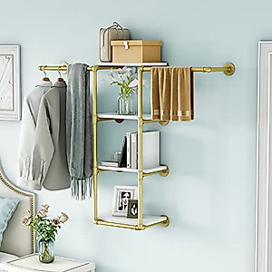 Wall Mounted Pipe Clothing Rack with Shelf,Gold Industrial Clothes Rack with 4 Tier Closet Bar Heavy Duty Iron Garment Rack, Retail Display Clothes Rod for Hanging Clothes,Laundry Room (Gold)