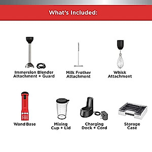 BLACK+DECKER Kitchen Wand Cordless Immersion Blender, 3 in 1 Multi Tool Set, Hand Blender with Charging Dock, Whisk and Milk Frother, Red (BCKM1013KS06)