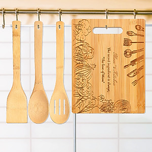 4 Pcs Wooden Cutting Board Spoons Utensils Set, Gifts for Mom Mothers Day Birthday Gifts 11 x 8.7 Inch Bamboo Cutting Board Spoons for Mom with Saying Mom's Kitchen Secret Is Love
