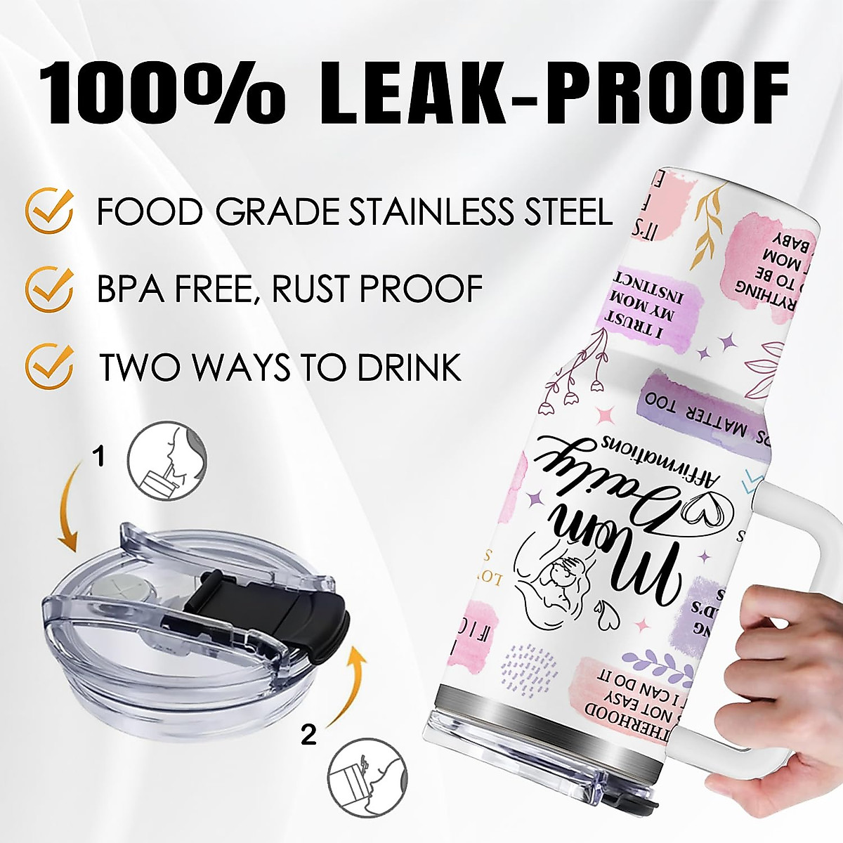 Mom Daily Affirmations Tumbler 40 OZ, New Mom Gift After Birth, First Time Moms to Be, Postpartum Cup for Birthday, Mother's Day, Christmas