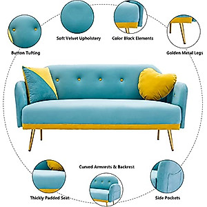 Betoko Tufted Velvet Loveseat Sofa Stylish Color Block Love Seats Couches Cute Cotton Candy Loveseat Sofas for Living Room Bedroom with Golden Metal Legs and Side Pockets (Light Blue)