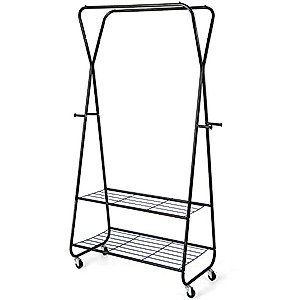 Giantex Metal Rolling Garment Rack, Clothing Rack with Wheels, Double Hanging Rods, 2 Shelves, 4 Hooks, Freestanding Clothes Organizer Rack with 2 Lockable Wheels for Bedroom, Balcony, Dorm, Black