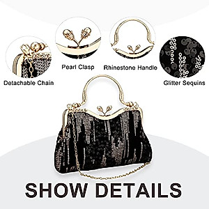Rkrouco Evening Bag Satin Beaded Sequins Clutch Purse Party Wedding Purse-Black