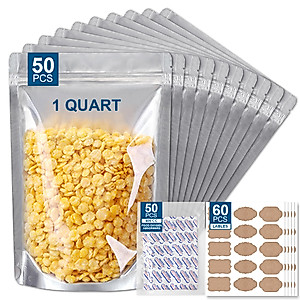 50 Packs Mylar Bags for Food Storage with Clear Window,1 QUART( 9.44 Mil, 7"x 10")Reusable Mylar Bags with Oxygen Absorber for Grains, Wheat, Rice, Legumes, Meat Long Term Food Storage