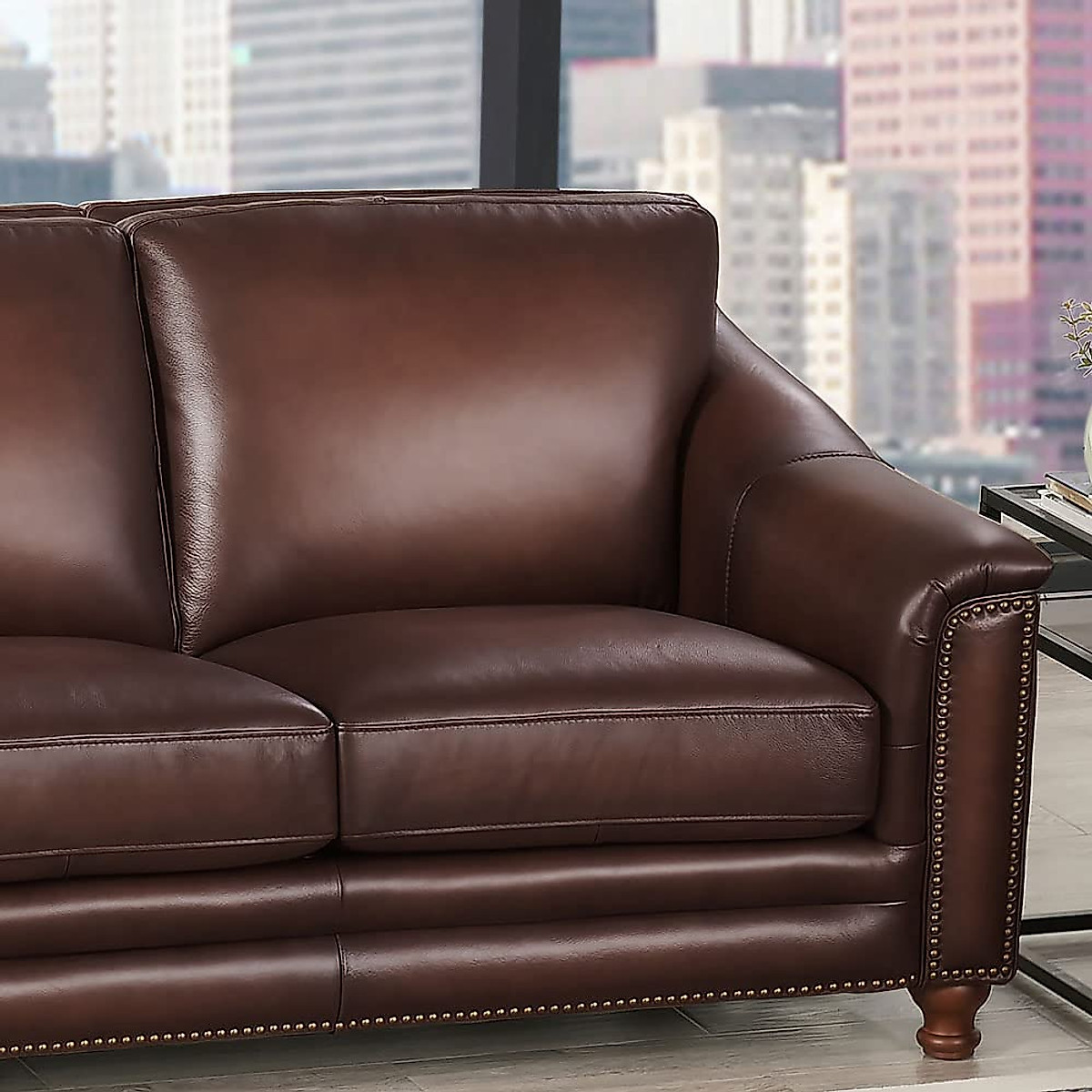 Hydeline Belfast Top Grain Leather Sofa and Loveseat, Caramel Brown, Feather Down, Memory Foam and Springs Seating