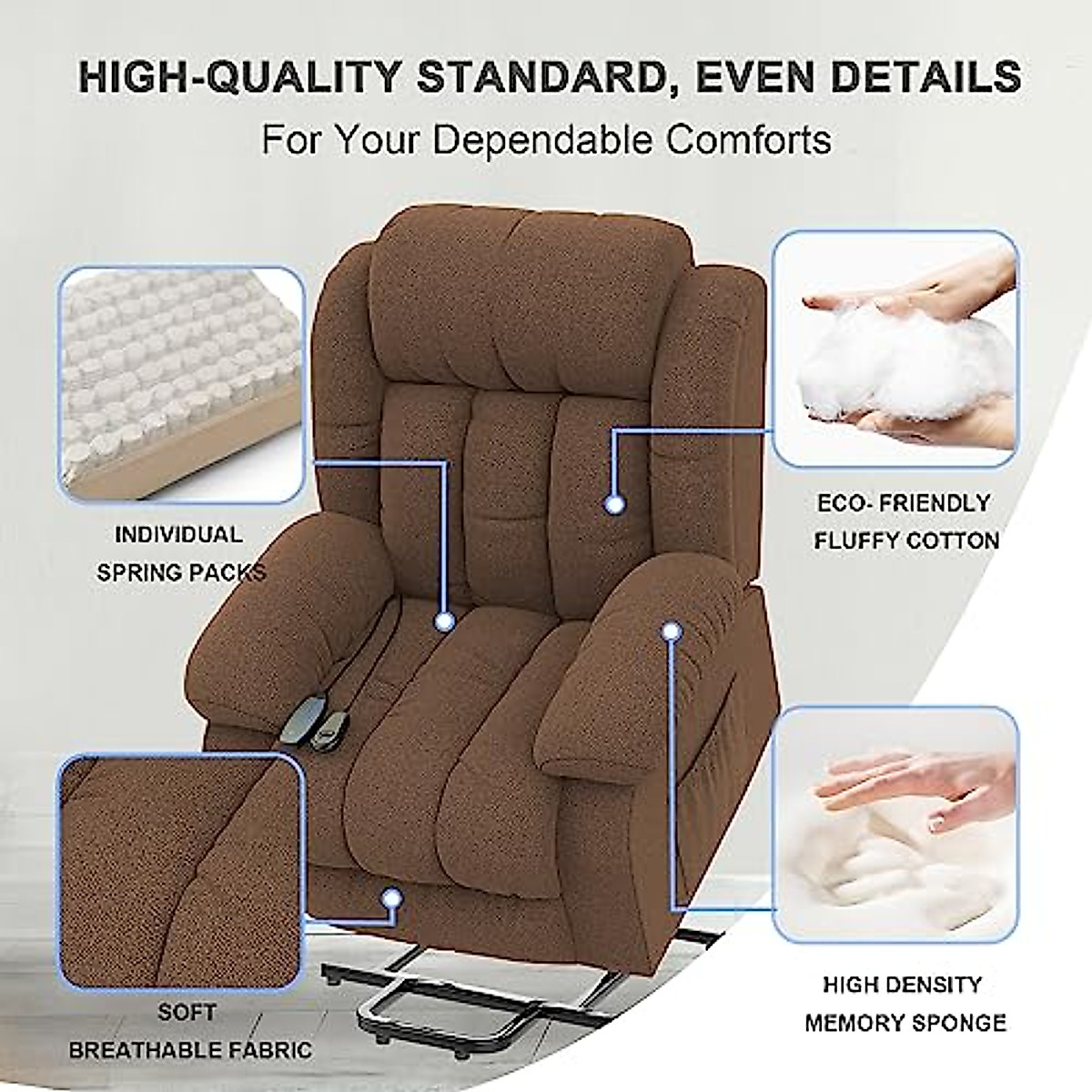 YONISEE Power Lift Chairs Recliner for Elderly with Massage and Heat - Heavy Duty Extra High Backrest Reclining Chair for Tall, Overstuffed Fabric Cozy Sofa with 2 Side Pocket, Dark Brown