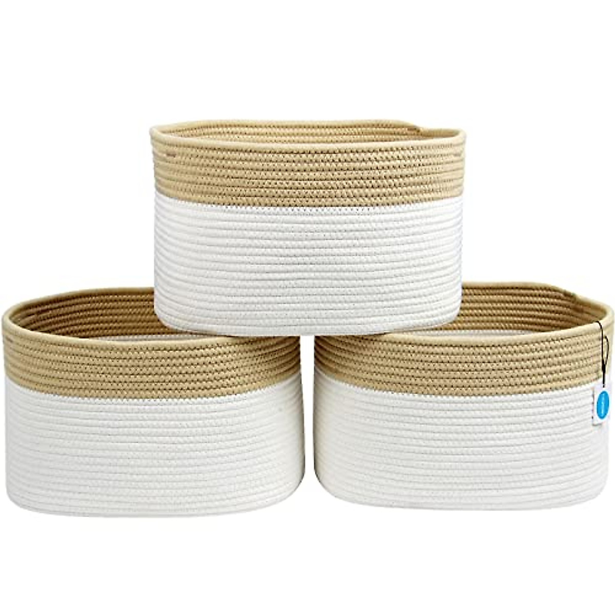 Casaphoria Cotton Rope Storage Baskets Bin Set of 3 Storage Cube Organizer Foldable Decorative Woven Basket for Clothes, Makeup, Books, Nursery, 15"x 10"x 9",pack of 3, White and Brown