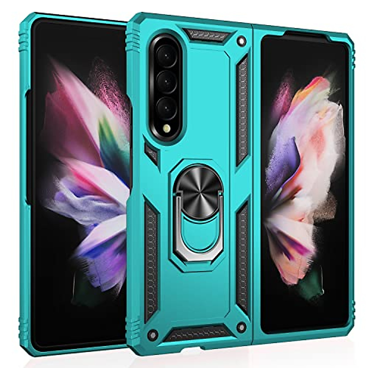 IKAZZ Galaxy Z Fold 3 Case,Samsung Z Fold 3 Cover Military Grade Shockproof Heavy Duty Protective Phone Case Pass 16ft Drop Test with Magnetic Kickstand for Samsung Galaxy Z Fold 3 Turquoise