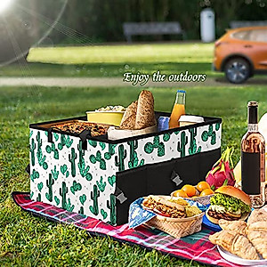 Cactus Summer Tropical Print Car Trunk Organizer,Collapsible Cargo Storage Tote Bag,Non Slip,3 Divider Compartments, Automotive Interior Accessories for Auto SUV Truck Vehicle Picnic Camping