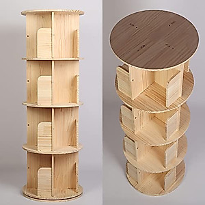 MYOYAY 4-Tier Solid Wood Bookshelf Floor Standing Bookcase 360° Rotation Book Storage Cabinet Magazines Potted Plants Display Stand Holds Up to 200 Books Study Office Home Decoration