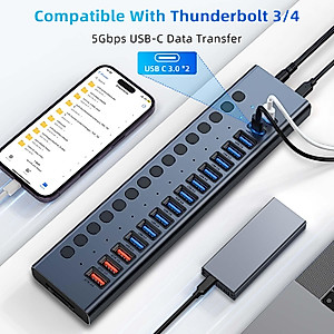 Powered USB Hub, VANGREE 17-Port 90W USB 3.0 Hub (10 USB 3.0 Ports+3 QC24W Fast Charging Ports+2 USB-C 3.0 Ports+SD/TF Card Reader), Individual On/Off Switches, 12V/7.5A Power Adapter for Laptop, PC