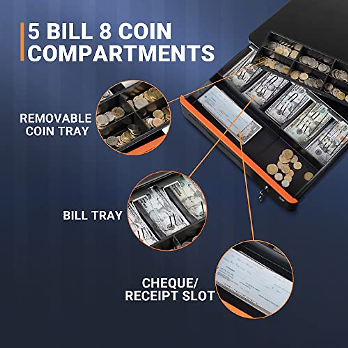 Tera 16 inch Auto Open Cash Drawer with Micro Switch Heavy Duty Insert Tray 5 Bill 8 Coin for POS System Removable Cash Tray Media Slot 24V RJ12 Key-Lock (Round Corner) for Small Business Retail 405R