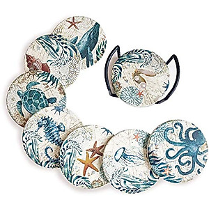 Lumuasky Set of 8 Absorbent Drink Coasters with Holder, Sea Ocean Life Coastal Beach Tropical Theme for Housewarming Apartment Kitchen Room Bar Decor, Cork Base