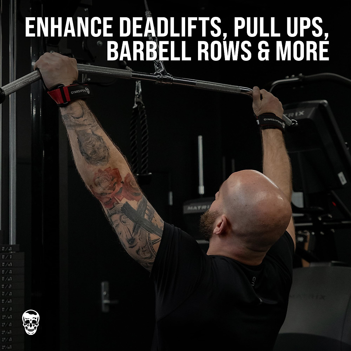 Gymreapers Weight Lifting Grips (Pair) for Heavy Powerlifting, Deadlifts, Rows, Pull Ups, with Neoprene Padded Wrist Wraps Support and Strong Rubber Gloves or Straps for Bodybuilding (Red, Medium)