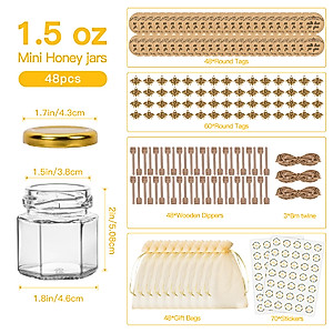 SZUAH 48 Pack 1.5 oz Mini Honey Jars with Dipper, Glass Hexagon Honey Jar for Wedding Favors, Empty Glass Jars for Party Favor