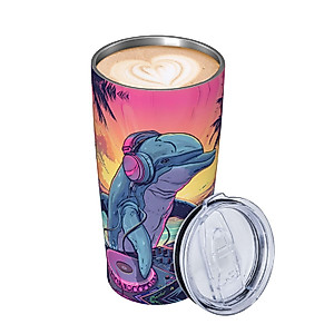 Buewutiry Hip-Hop DJ Dolphin Tumbler with Lid and Straw, Cute 20 Oz Stainless Steel Insulated Tumbler Water Bottle Cup, Travel Coffee Mug Personalized Tumbler