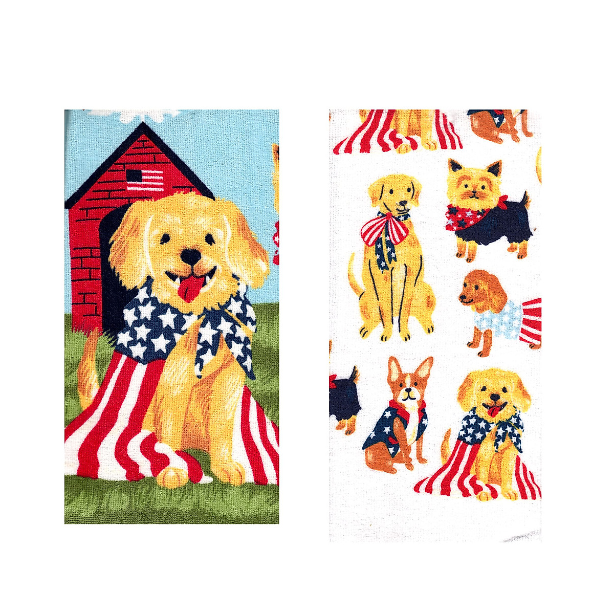 4th of July USA Home Decor Patriotic Puppy Dog Yellow Lab Kitchen Towel Set