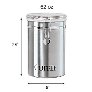OGGI Stainless Steel Canister 62oz - Airtight Clamp Lid, Clear See-Thru Top - Ideal for Coffee Bean/Ground Coffee /Kitchen/ Pantry Storage. Large Size 5" x 7.5".