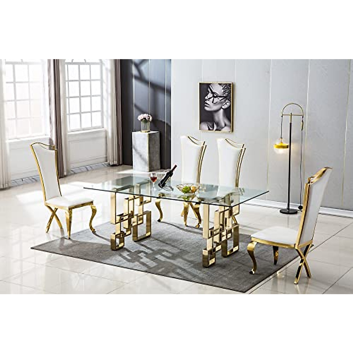 Goderfuu Dining Chairs Set of 6 - Kitchen Dining Room Chairs White Leather Dining Chairs with High Gloss Stainless Steel Gold Legs, Modern Dining Chairs Kitchen Chairs White Accent Chairs Side Chairs