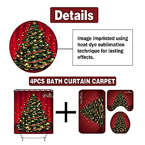 WISREMT Christmas Shower Curtain 4 Piece Sets with Non-Slip Rugs, Toilet Lid Cover and Bath Mat, Santa Elk Xmas Tree Truck Waterproof Shower Curtain with 12 Hooks Bathroom Set Holiday Home Decor