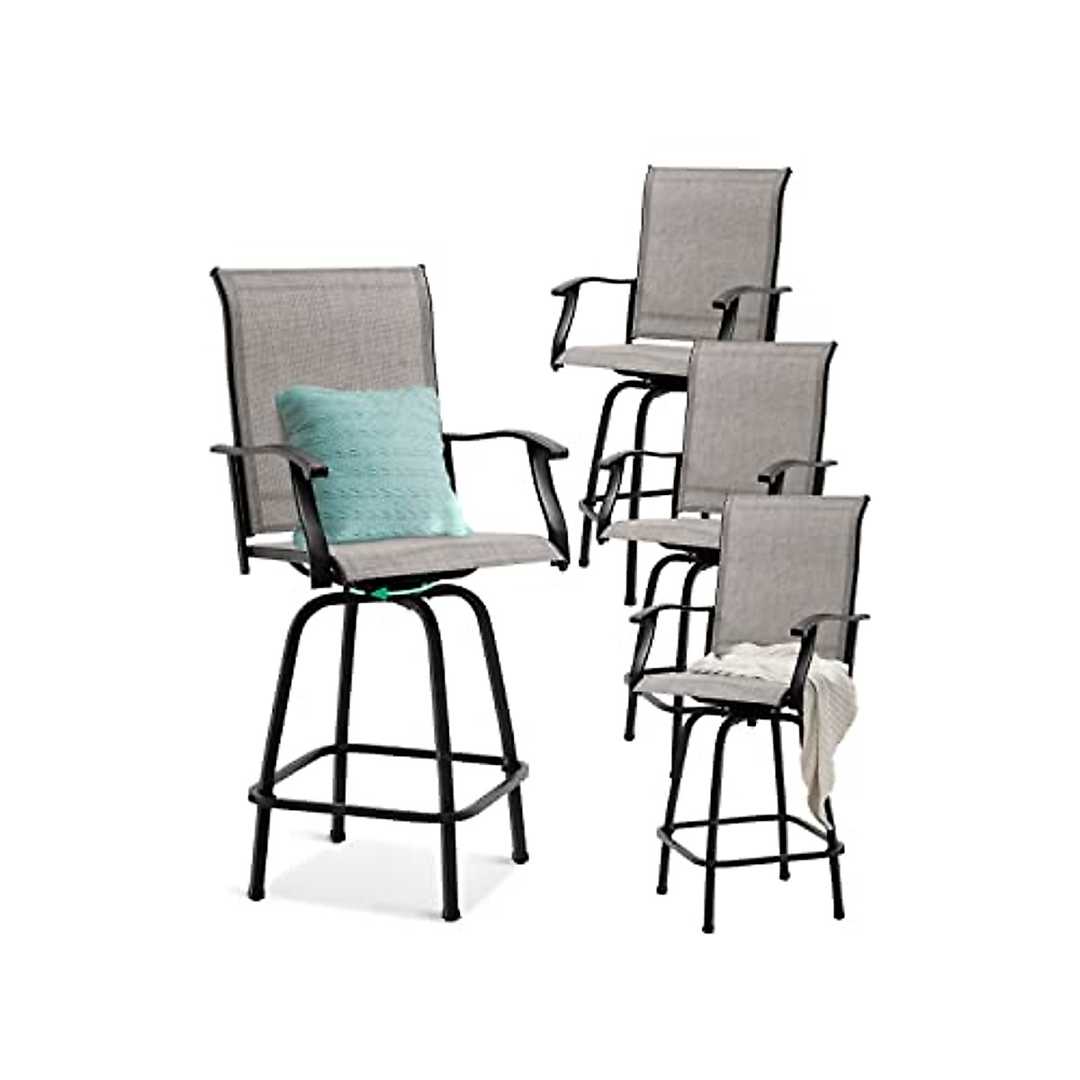 JINLLY Outdoor Swivel Bar Stools Set of 4, Patio Height Bar Stool Chairs with Metal Frame and Textilene Fabric, 30 Inch Garden Counter Height Swivel Bistro High Barstools, Grey