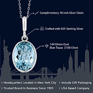 Gem Stone King 925 Sterling Silver Blue Topaz Pendant Necklace For Women | 7.00 Cttw | Gemstone Birthstone | 14X10MM Oval Shape | With 18 Inch Silver Chain