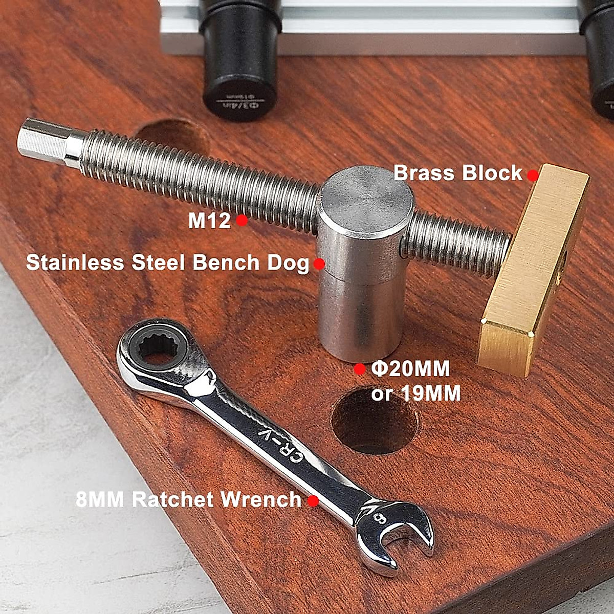 DDWT 2 Pack Bench Dog Clamp Dog Hole Clamp with 4 Pack Bench Dogs Woodworking 3/4 Inch Adjustable Workbench Stop Stainless Steel Brass (19mm)