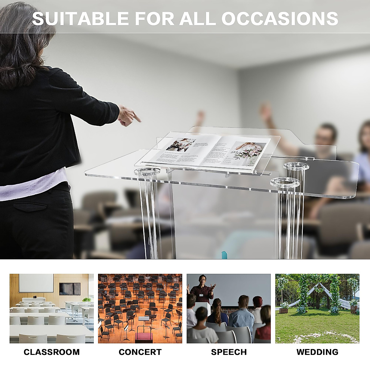 LAYIQDC Church Pulpit with Hollow Cross Design,Led Acrylic Church Podium with Wheels& Vertical Reading Platform, 46”Transparent Lecterns for Churches,Classroom and Weeding(39.4”L*15.7”W *44”H)