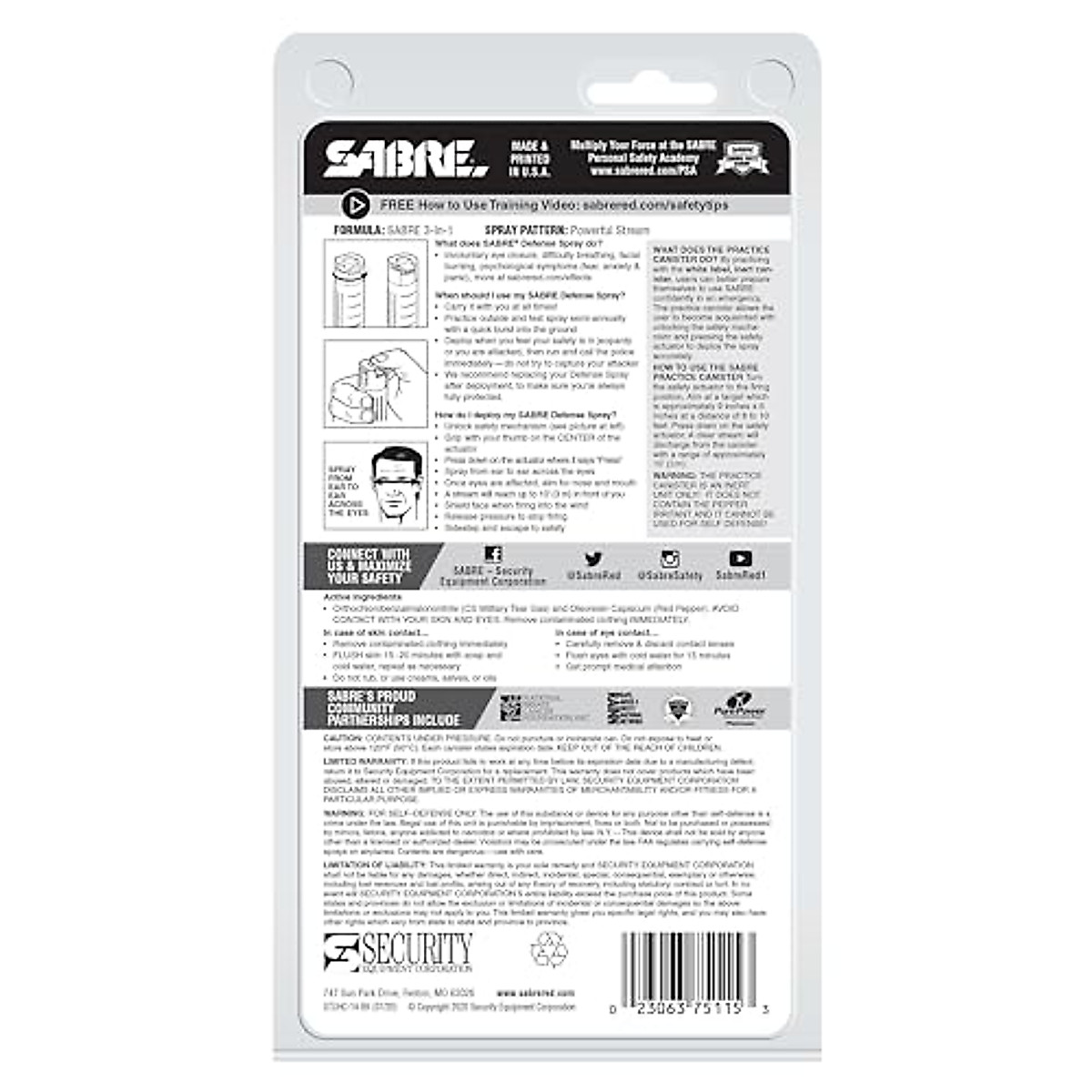 SABRE Self Defense Spray, 3-in-1 Formula Contains Max Strength Pepper Spray, CS Military Tear Gas & UV Marking Dye, Quick Release Key Ring for Easy Carry, Finger Grip for More Accurate Aim, 0.54 fl oz