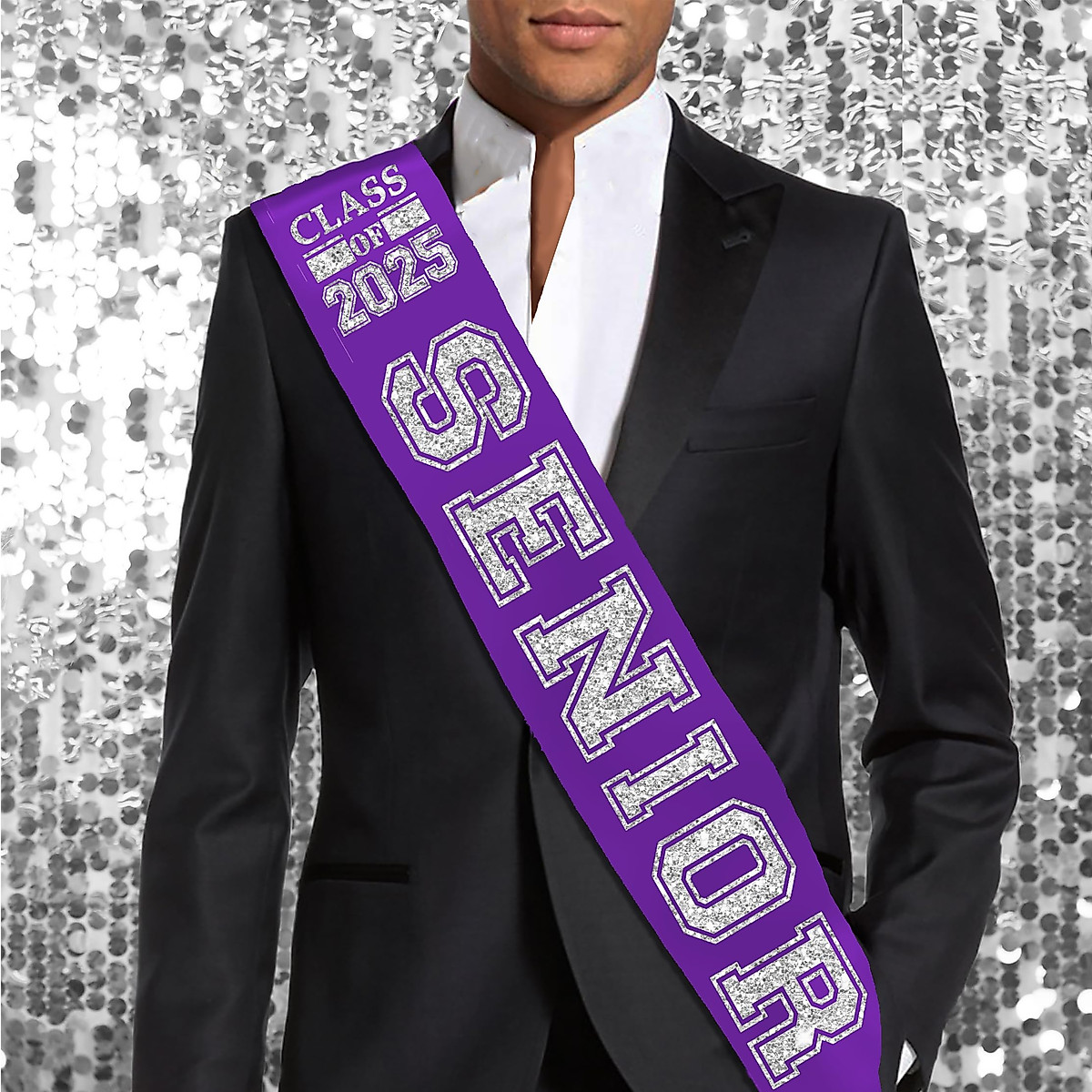 Senior Sash 2025 - Silver Sparkle Class of 2025 Senior Purple Premium Grade Satin Sash - High School Graduation Gifts - Purple Sash (ClsOf25) SLV/Pur