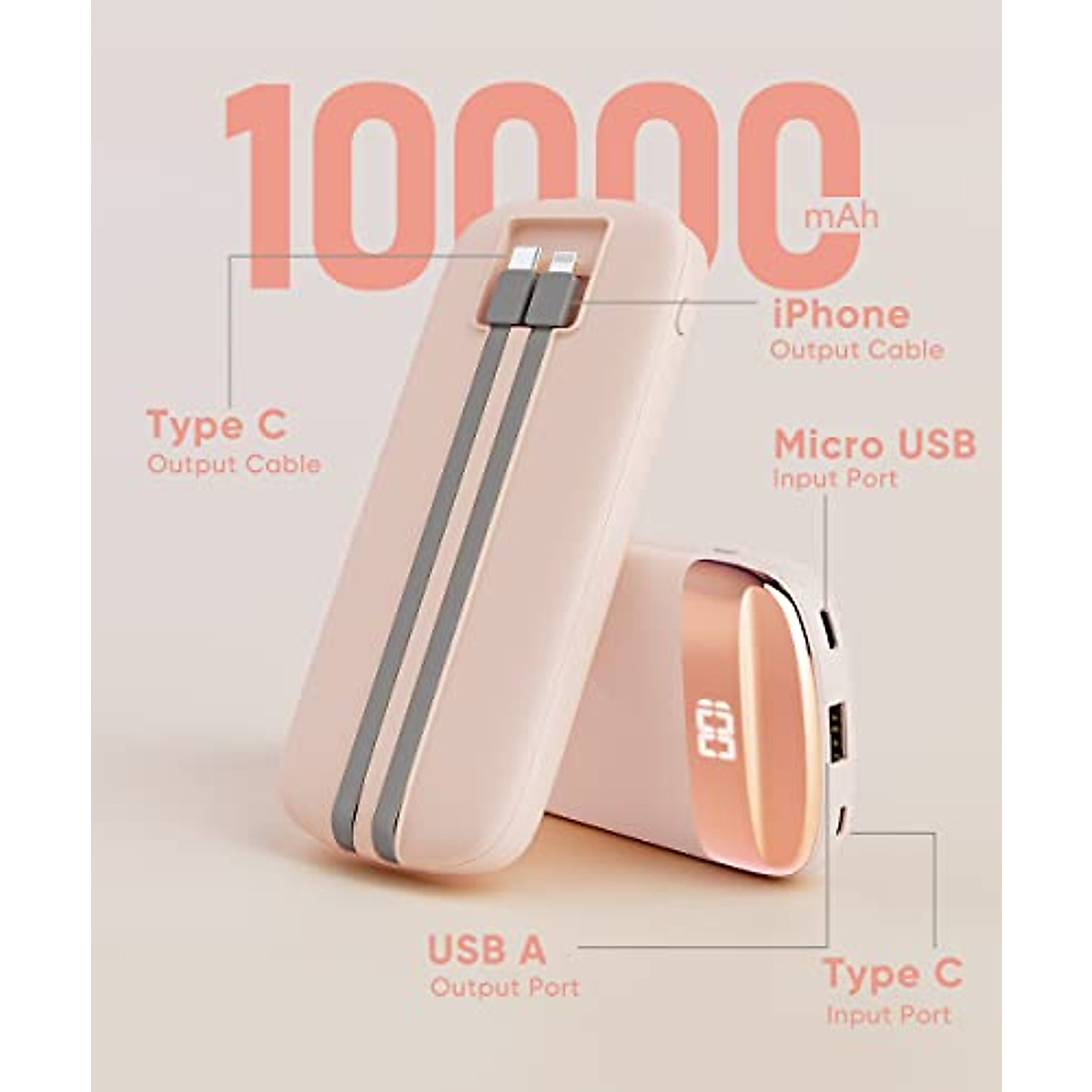 Portable Charger with Built in Cables, 10000mAh USB C iPhone Power Bank, Type C Backup External Battery Pack with 3 Outputs LED Display Compatible with iPhone, Galaxy, Android CellPhones (Pink)