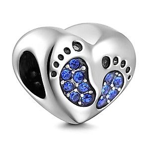 SOUKISS Footprint Heart Charm 925 Sterling Silver Christmas Family Love Bead Baby First Steps Charm for Bracelet (Sapphire)
