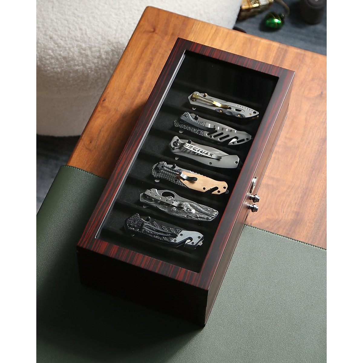 Bonaking Knife Display Case, 22-26 Slot Storage Box, Ebony Veneer, 3-Tier, Lockable, Showcase & Organizer for Pocket Knives, Men Gift, 15.9x7.8x4.5 inches