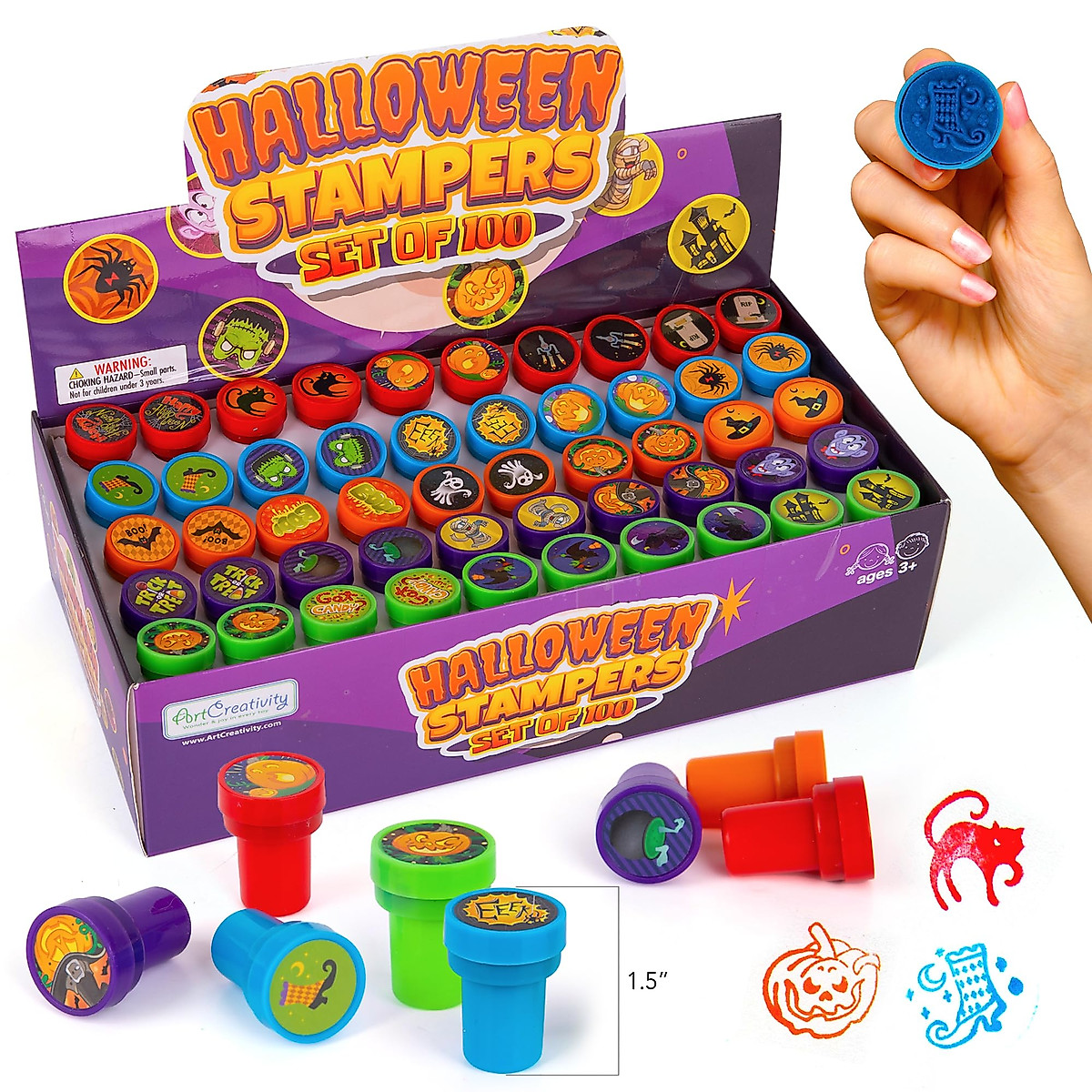ArtCreativity Bulk Halloween Stampers for Kids - Set of 100 Halloween Stamps - Assorted Trick or Treat Stamper Designs for Halloween - Non-Candy Halloween Trinkets for Kids 3 4 5 6 7+
