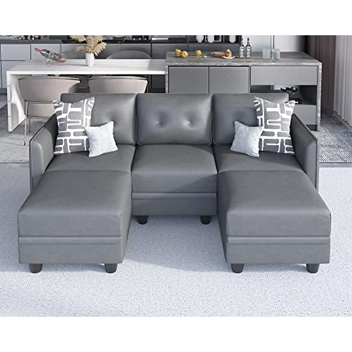 LLappuil Convertible Modular Sofa Faux Leather Fabric U Shaped Sectional with Reversible Chaise, 5 Seater Storage Sofa Sleeper Couch with Ottoman, Dark Grey