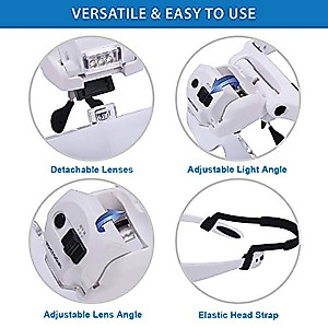 YOCTOSUN Head Magnifier with 5 LED Lights, Rechargeable Headband Magnifying Glass with 5 Interchangeable 1.2X, 1.8X, 2.5X, 3.5X, 4.5X Lenses, Great Magnifying Glasses for Jewelry, Arts and Crafts