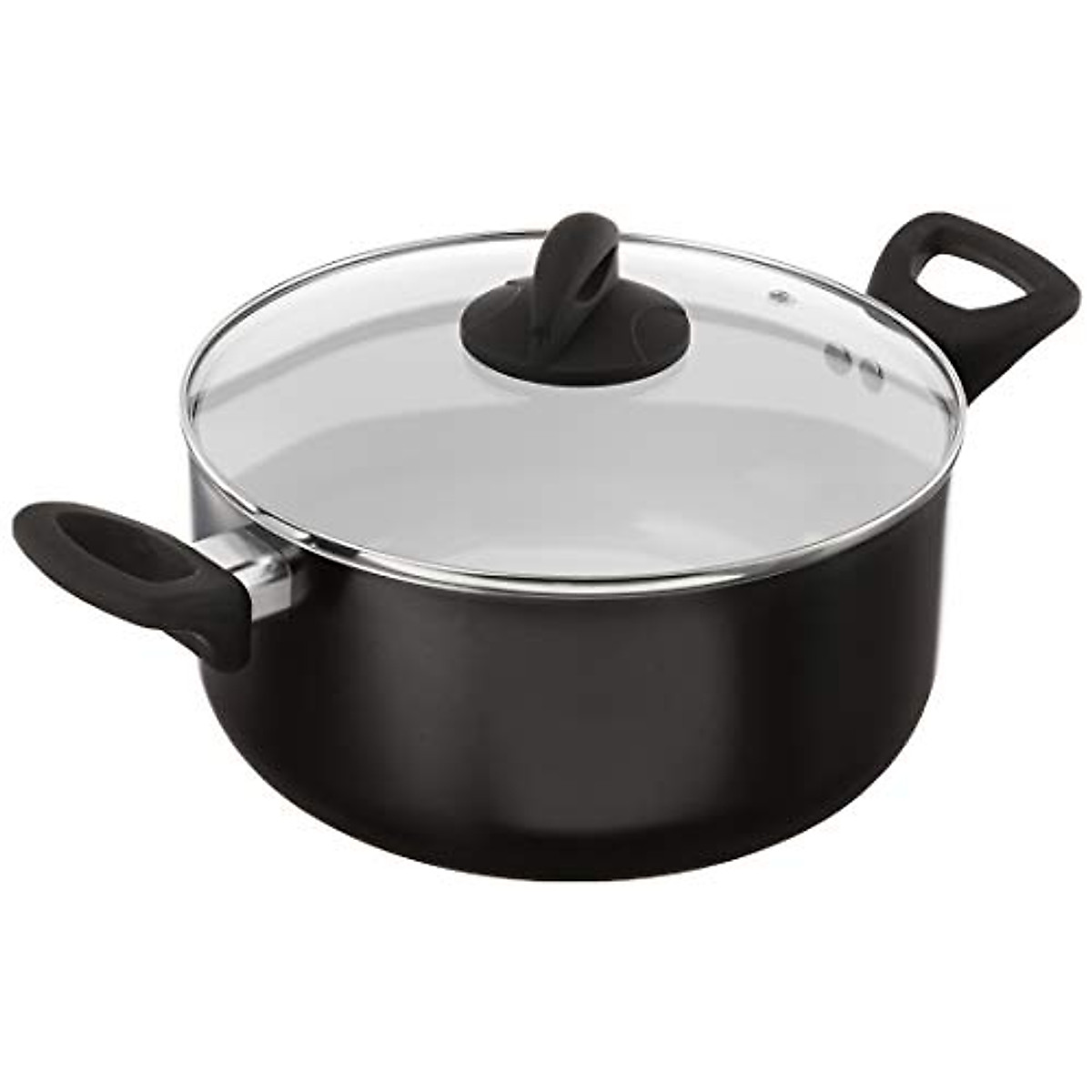 Oster Herstal Aluminum Cookware Set with Ceramic Non-Stick and Soft Touch Bakelite Handle with Tempered Glass Lids, 11-Piece, Black w/White Interior