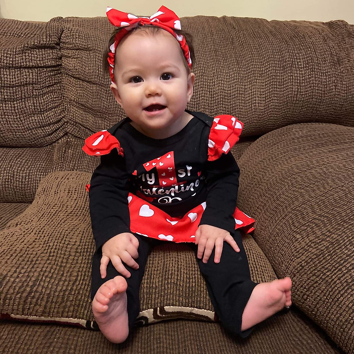 HINTINA Infant Baby Girl My First Valentine's Day Outfits Ruffles Long Sleeve Romper Heart Pants Headband Clothes Set(Black, 3-6M