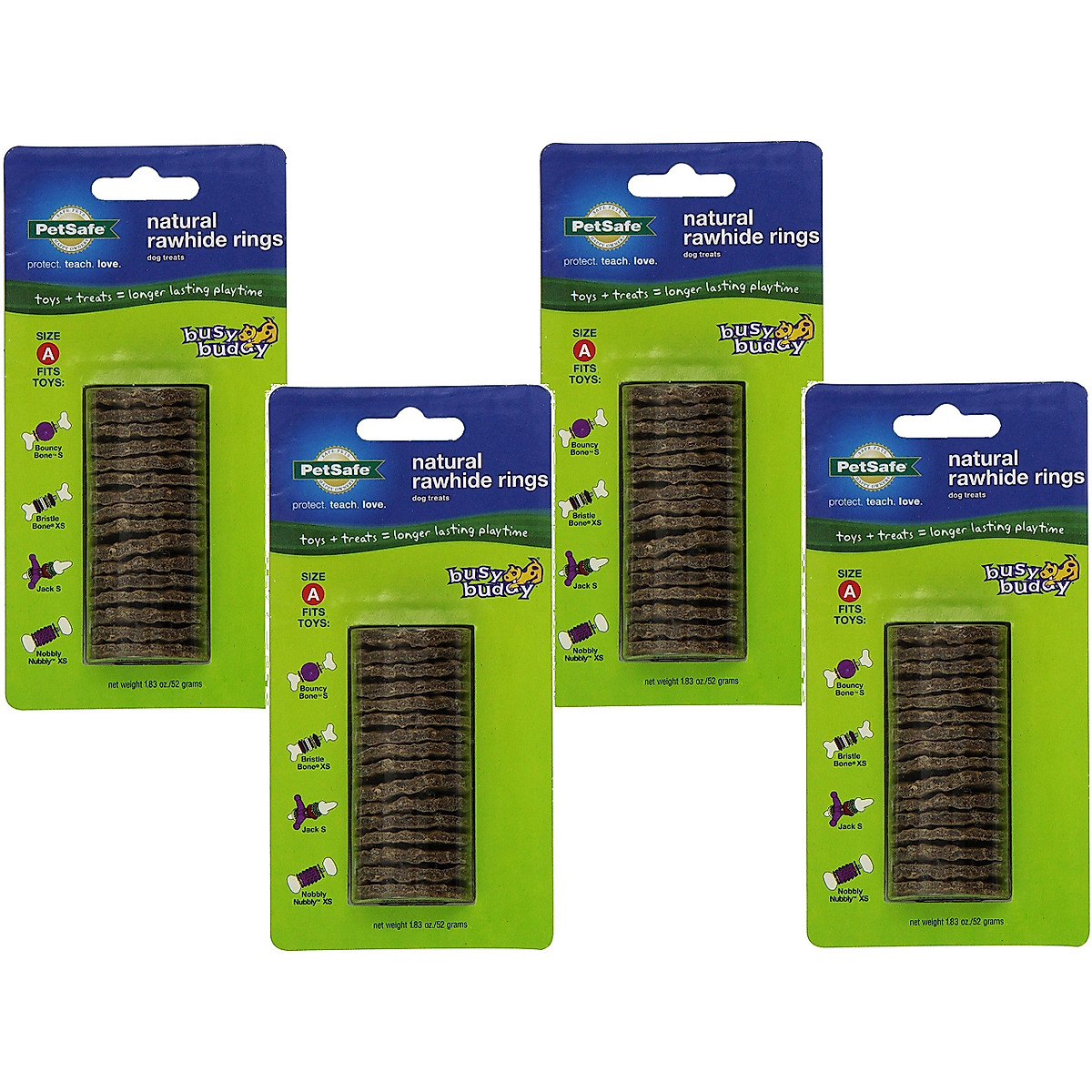 (4 Pack) PetSafe Busy Buddy Refill Ring Dog Treats for Select Busy Buddy Dog Toys, Natural Rawhide, Size A/X-Small to Small