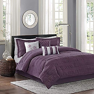 Madison Park Hampton Luxe Comforter Set-Modern Stitching Design All Season Down Alternative Cozy Bedding with Matching Shams, Decorative Pillow, Queen (90 in x 90 in), Plum 7 Piece