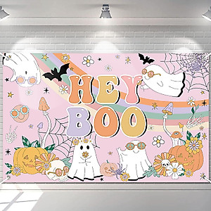 Avezano Halloween Hey Boo Baby Shower Backdrop Halloween Groovy Boho Rainbow Retro Hippie Theme Baby Shower Banner Little Boo Daisy Baby Shower Party Decorations Photo Background 70.8 x 43.3 Inch