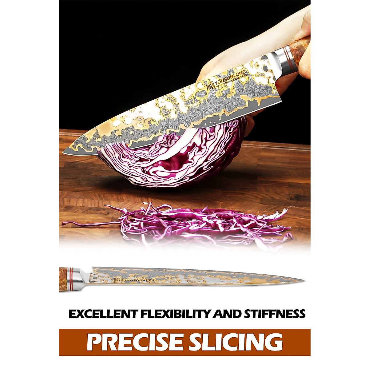 YOUSUNLONG Chef Knife - 8'' Blade Japanese Handmade Copper Damascus Steel - Professional Chef's Knife - Razor Sharp Slicing Knife - Naturel Burl Wooden Handle with Leather and Acacia Wood Box