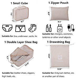 TianZong 7-piece Set Packing Cubes, Travel Bags for Luggage, Packing Organizers with Shoe Bag (Beige)