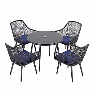 Patiorama 5-Piece Patio Dining Set, Outdoor Dining Table Chair Set, All-Weather Twisted Rattan Wicker Rope Conversation Set, Patio Furniture Set w/Umbrella Hole, 4 Cushioned Chairs&Glass Table(Blue)