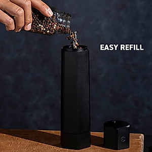 HexClad Cookware Professional Grade Heavy Duty Pepper Grinder Mill with Refillable Black Aluminum Mono-Chrome Pepper Mill and Adjustable Coarseness