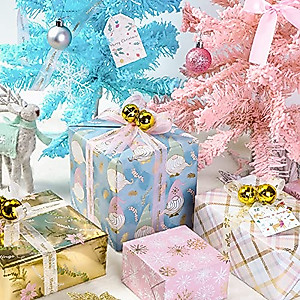 WRAPAHOLIC Christmas Wrapping Paper Roll - Gold and Purple Pastel Gnome Elf Holiday Collection with Metallic Foil Shine - 4 Rolls - 30 Inch X 120 Inch Per Roll