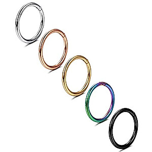 Jstyle 5 Pcs a Set 316L Stainless Steel Septum Piercing Nose Hoop Clicker Ring Hypoallergenic 16G 18G 20G
