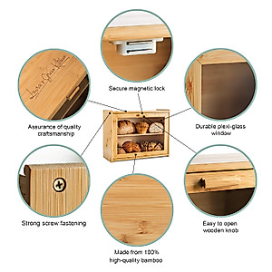 Laura's Green Kitchen Large Bread Box with Clear Front Window - Bamboo Wood - Farmhouse Style - Double Layer Storage Bin Holds 2 Loaves - Fully Assembled